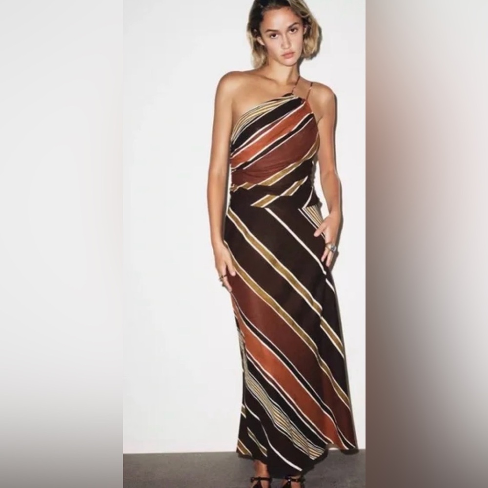 Zara | Dresses | Zara One Shoulder Dress In Brown And Orange Stripes ...